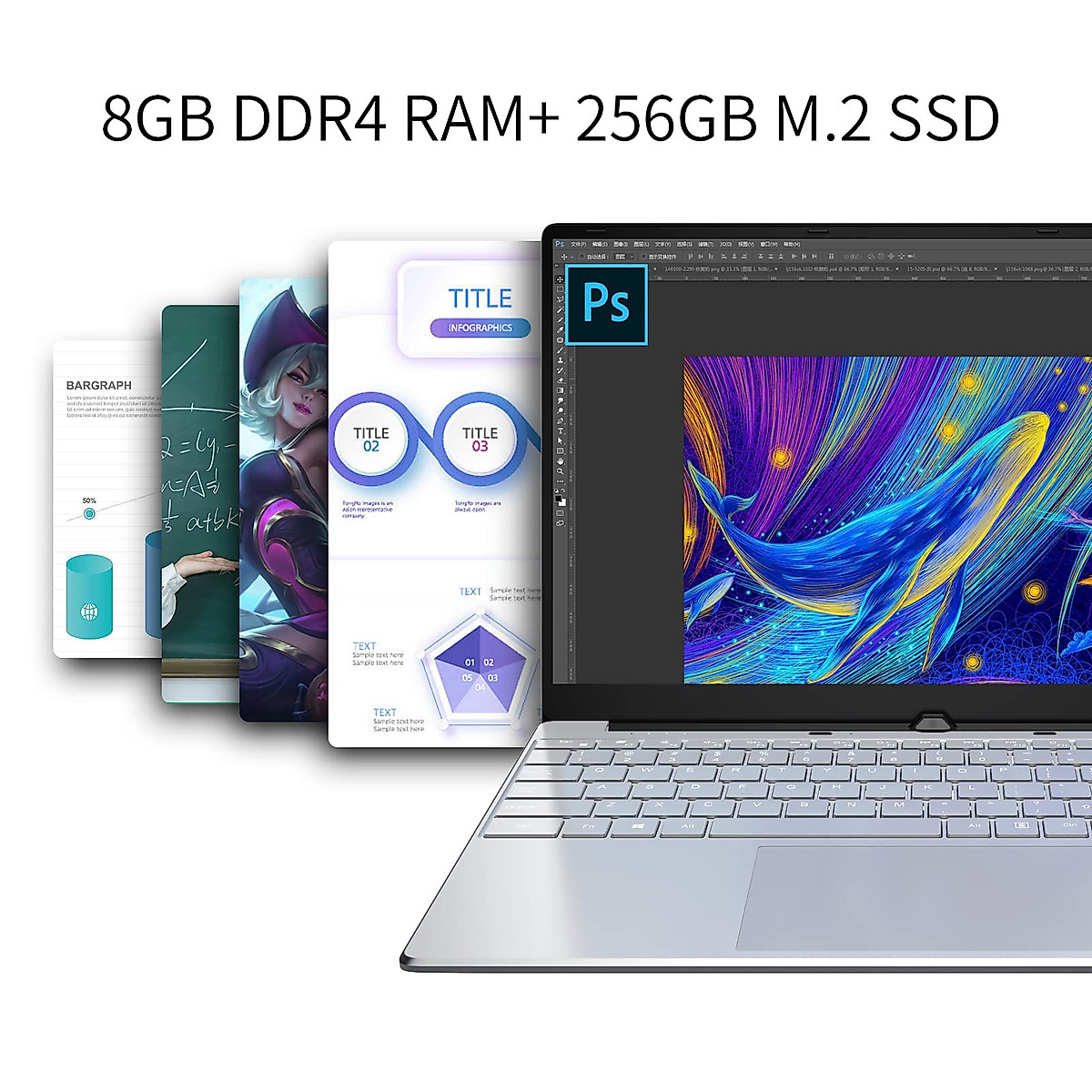 TOPOSH Windows 10 Laptop,15.6 inch PC Notebook,8GB RAM+256GB SSD,Intel Celeron 5205U,for Business use,Backlit Keyboard Dual Core,WiFi Bluetooth-Silver