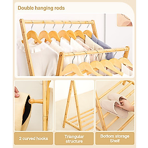 Cozivolife Bamboo Clothes Rack with Storage Shelf, Portable Garment Rack Clothing Racks for Hanging Clothes, Foldable Wardrobe Storage Rack for Entryway and Bed Room (Natural)