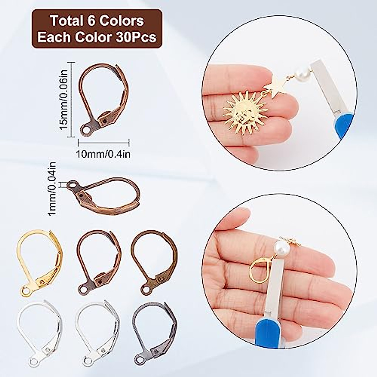 SUNNYCLUE 1 Box 180Pcs Leverback Earring Hooks Bulk French Earring Hook Lever Back Ear Wires with Open Loop Hypoallergenic Brass Leverbacks Hoop Earwires DIY Earrings Findings for Jewelry Making Kit