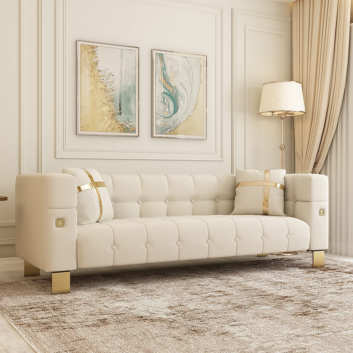 MoLiFaning 89" Modern Chesterfield Velvet Sofas Mid Century Modern Button Tufted Velvet Couches with 2 Pillows and Gold Legs,for Living Room Apartment Bedroom Office Beige