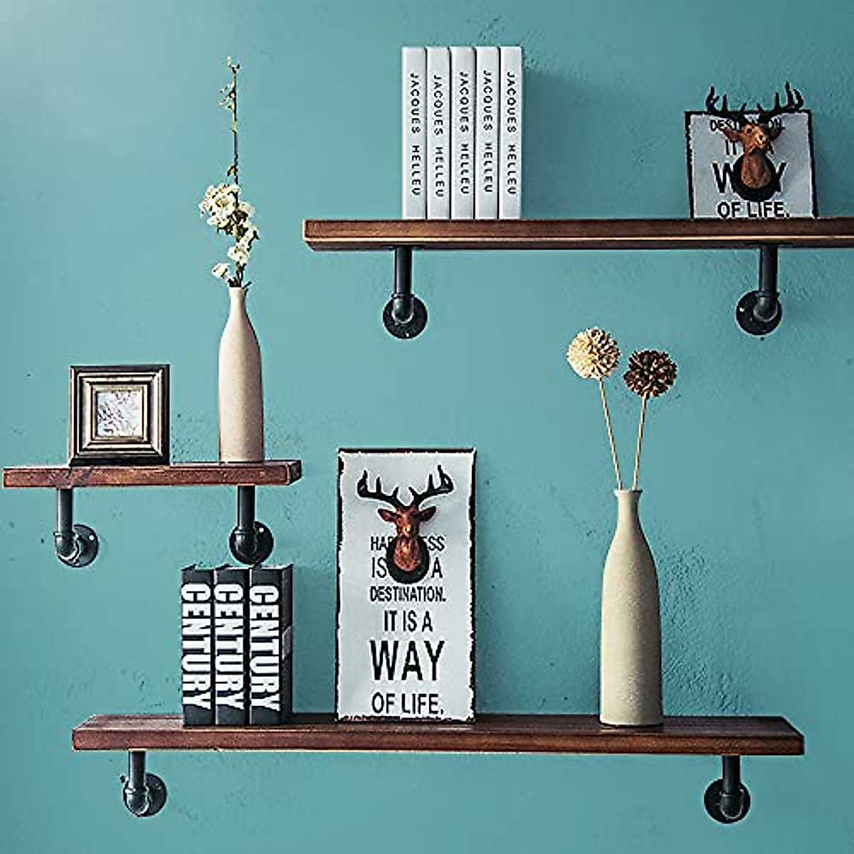 Industrial Pipe Shelf Brackets for 8 10 12 14 inches Board, Iron L Pipe Floating Shelf Bracket Heavy Duty Metal Shelving Brackets for Shelves- 6 Pack Black