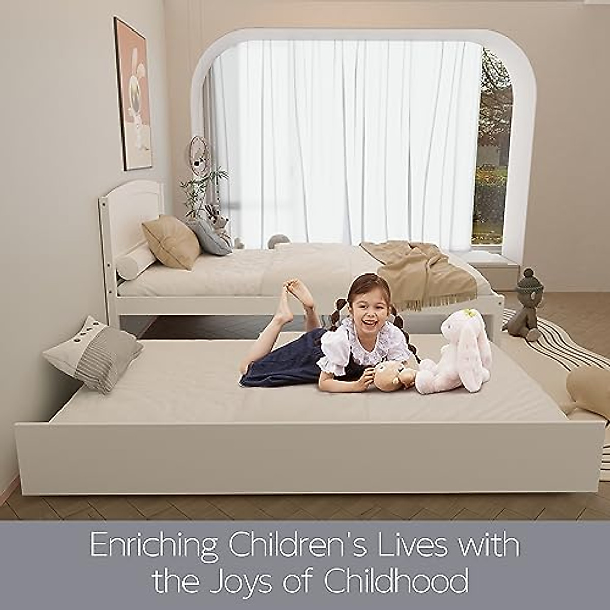 Xilingol Trundle Bed Twin, Solid Wood Bed Frames with Headboard and Wooden Slats Support, Twin Trundle Bed Frame Roll Out, Single Box Bed (No Box Spring Needed), White