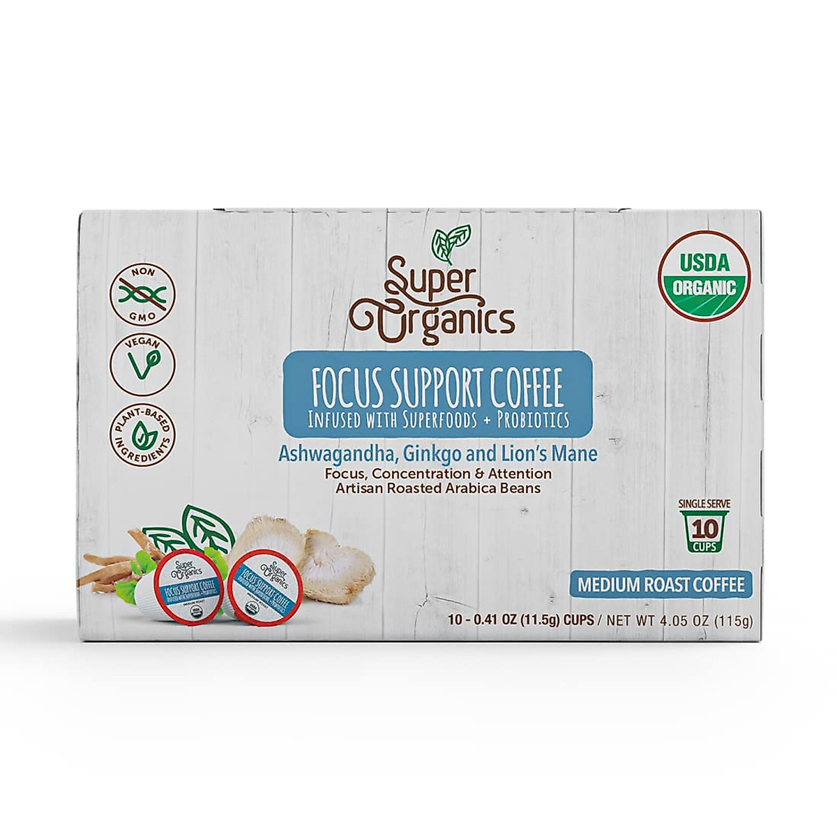 Super Organics Focus Support Coffee Brew Cups With Superfoods & Probiotics, Keurig K-Cup Compatible, Adaptogens, Medium Roast, USDA Certified, Vegan, Non-GMO, 10 count