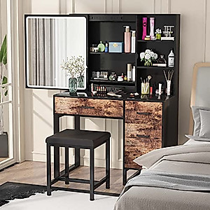 PAKASEPT Vanity Set with Sliding Lighted Mirror, Vanity Desk Makeup Vanity Dressing Table with LED Lights, 4 Drawers, Hidden Shelves & Cushioned Stool for Bedroom