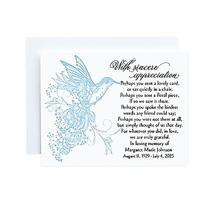 Hummingbird Personalized Sympathy Thank You Notes, Choose Your Quantity, Blue Thank You Cards Sympathy Acknowledgement with Hummingbirds, Bereavement Thank You Card with Envelopes, After Funeral Card