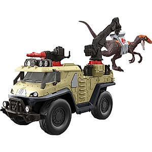 Mattel Jurassic World Dominion Capture & Crush Truck & Dino Playset with Velociraptor Action Figure, Vehicle Features Tranq Shooter, Crane & 2 Breakaways
