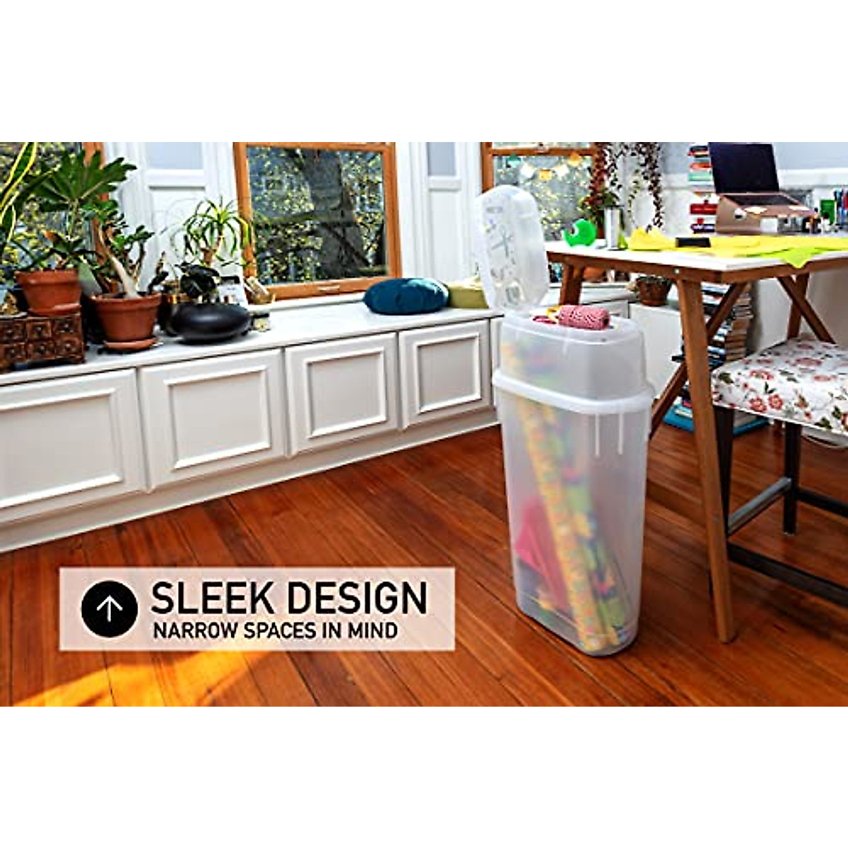 Rubbermaid Wrap N’ Craft, Plastic Storage Container for Wrapping Paper and Crafting Supplies, Fits Up to 20 Rolls of Standard 30” Wrapping Paper, Two Compartments, Slim Design, Clear Exterior