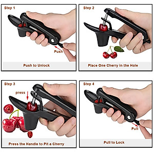 Cherry Pitter Tool - Heavy-Duty Stainless Steel Olive and Cherry Pitters Corer Tool with Space-Saving Lock Design, Multi-Function Cherries Stoner Seed Remover Tool for Making Cherry Jam (Black)