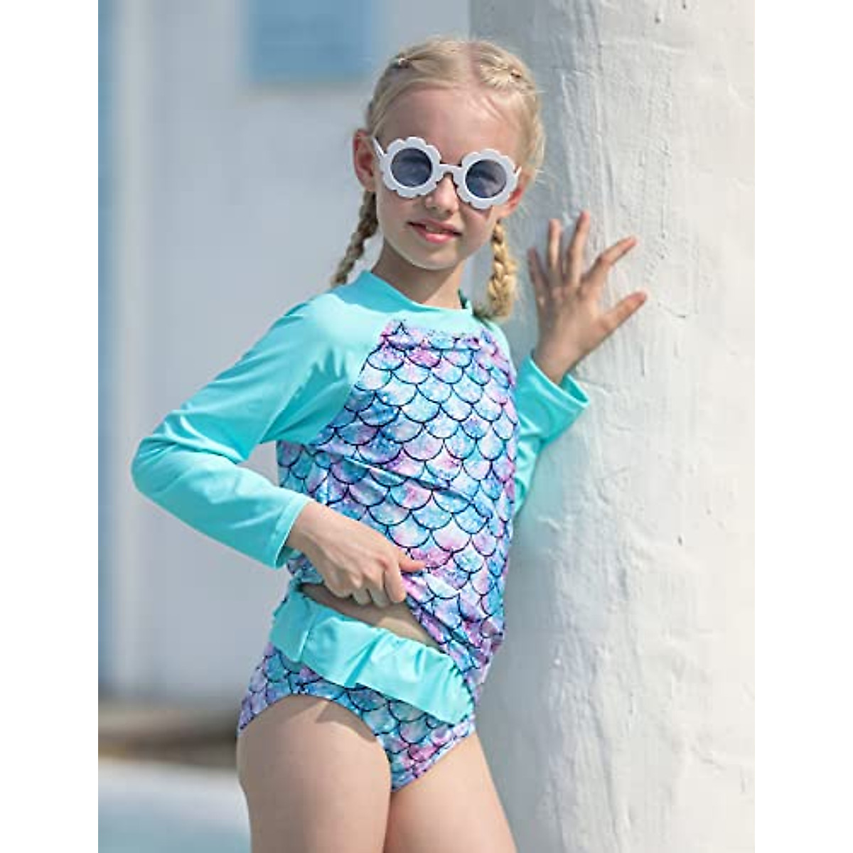 UNIFACO Toddler Girls Tankini 3D Fish Scale Stylish Bathing Suit Swimsuit Long Sleeve Shirt and Bikini Bottom