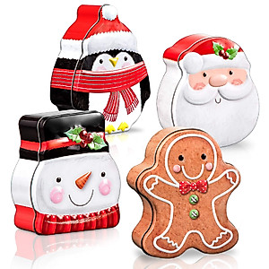 Whaline Christmas Tin Box Xmas Card Tin Box Metal Cookie Tin Box with Lid Assorted Card Holder Containers for Party Decor Supplies Santa Clause Snowman Gingerbread Penguin, 4 Pack
