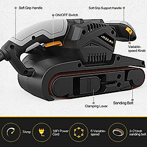 Jellas 7Amp Belt Sander 3 × 21-Inch with Dust Bag, Bench Sander with Variable-speed Control, 2 in 1 Vacuum Adapter, 10 Feet (3 Meters) Length Power Cord - BS750