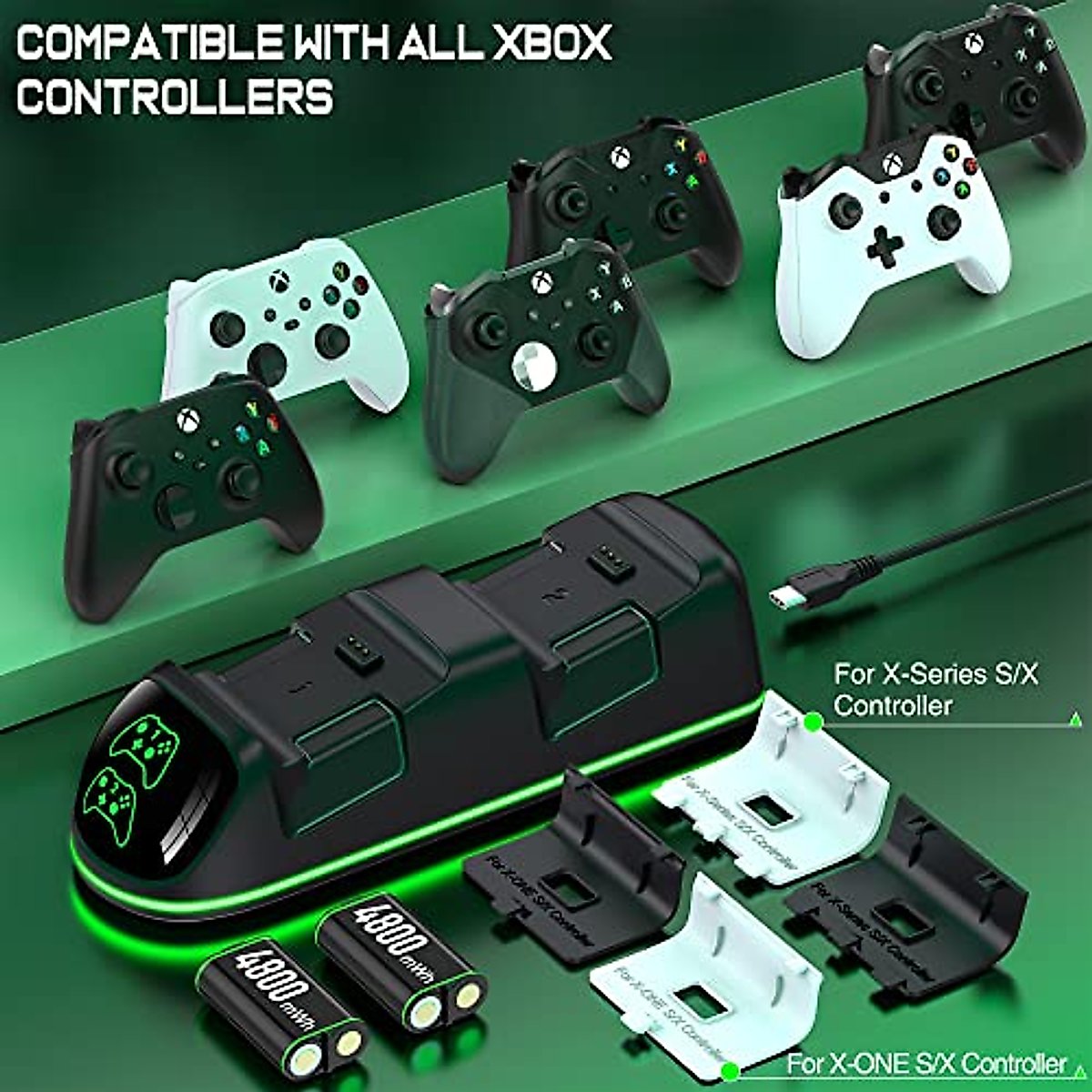 Controller Charger Station with 2x4800mWh Rechargeable Battery Packs for Xbox One/Series X|S Controller, Dual Charging Dock for Xbox One Controller Battery Pack with 4 Batteries Covers for Xbox