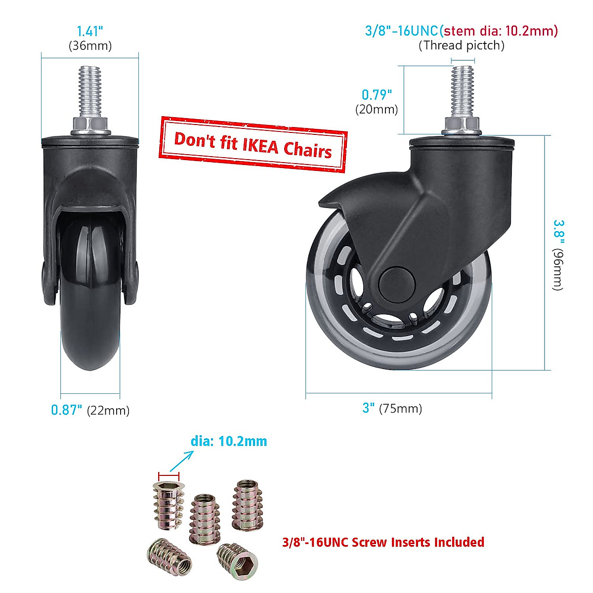 Hirate 3" Office Chair Casters with 3/8"-16UNC Threaded Stem, Mute Caster Roller Replacement Upgraded with Dust-Proof Cover for All Floors,Set of 5 with Furniture Screw Inserts