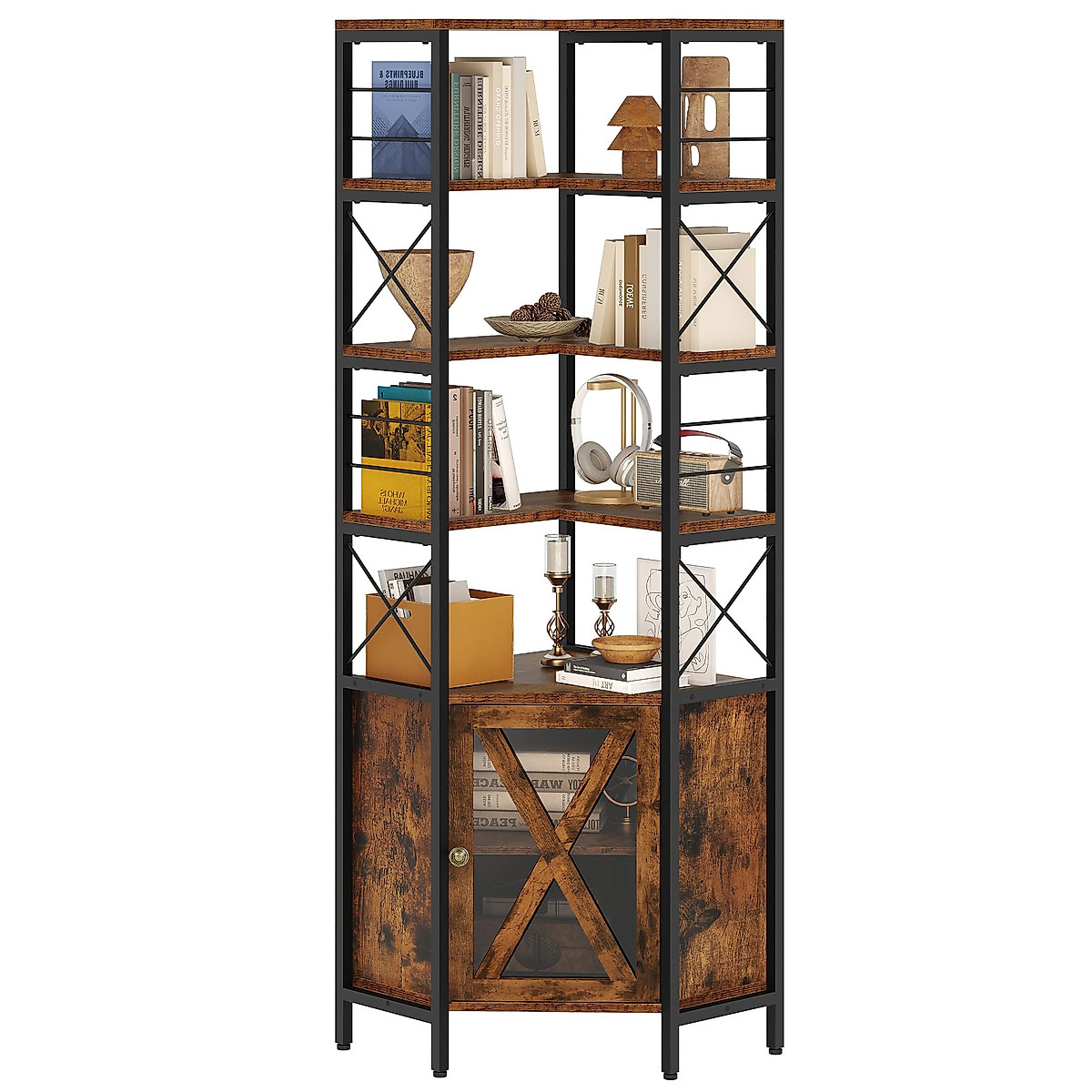 YITAHOME Corner Bookshelf with Storage, 7-Tier Corner Shelf with Doors, Large Corner Bookcase Display Rack for Living Room Bedroom Home Office, Rustic Brown