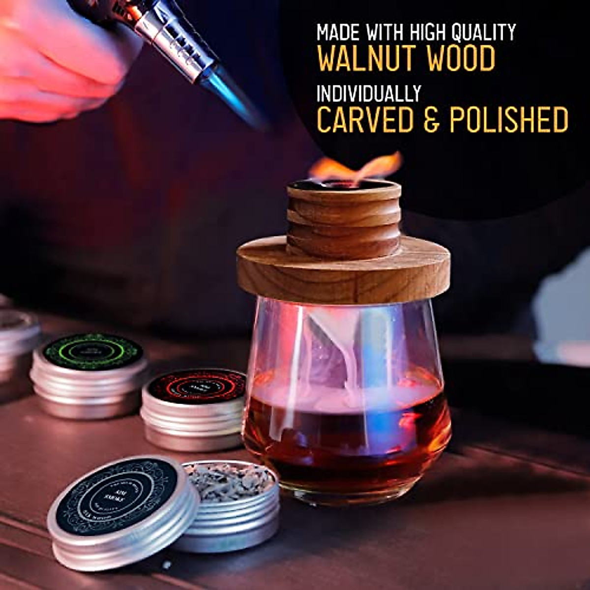 Aim Smoke Large Cocktail Smoker Kit - Chimney style Smoker with four large containers of Apple, Cinnamon, Cherry and Oak wood for Cocktails, Whiskey, & Bourbon., Black