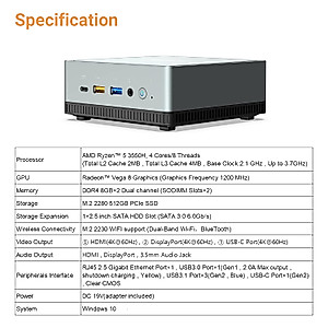 COOFUN UM350 Mini PC AMD Ryzen 5 3550H Mini Computer DDR4 16 GB RAM 512 GB PCle SSD, Radeon Vega Graphics, Dual Band WiFi HDMI/DisplayPort/USB-C, 2.5G RJ45 LAN, 4X Ports USB 3.0