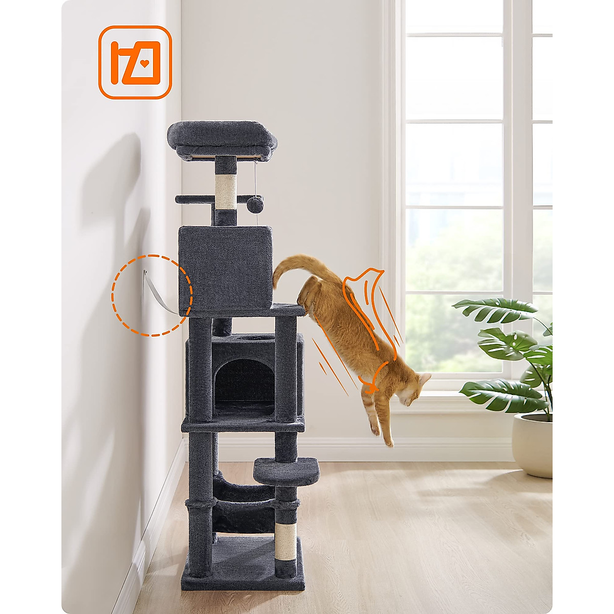 Feandrea Cat Tree, 61-Inch Cat Tower for Indoor Cats, Plush Multi-Level Cat Condo with 5 Scratching Posts, 2 Perches, 2 Caves, Hammock, 2 Pompoms, Smoky Gray UPCT192G01
