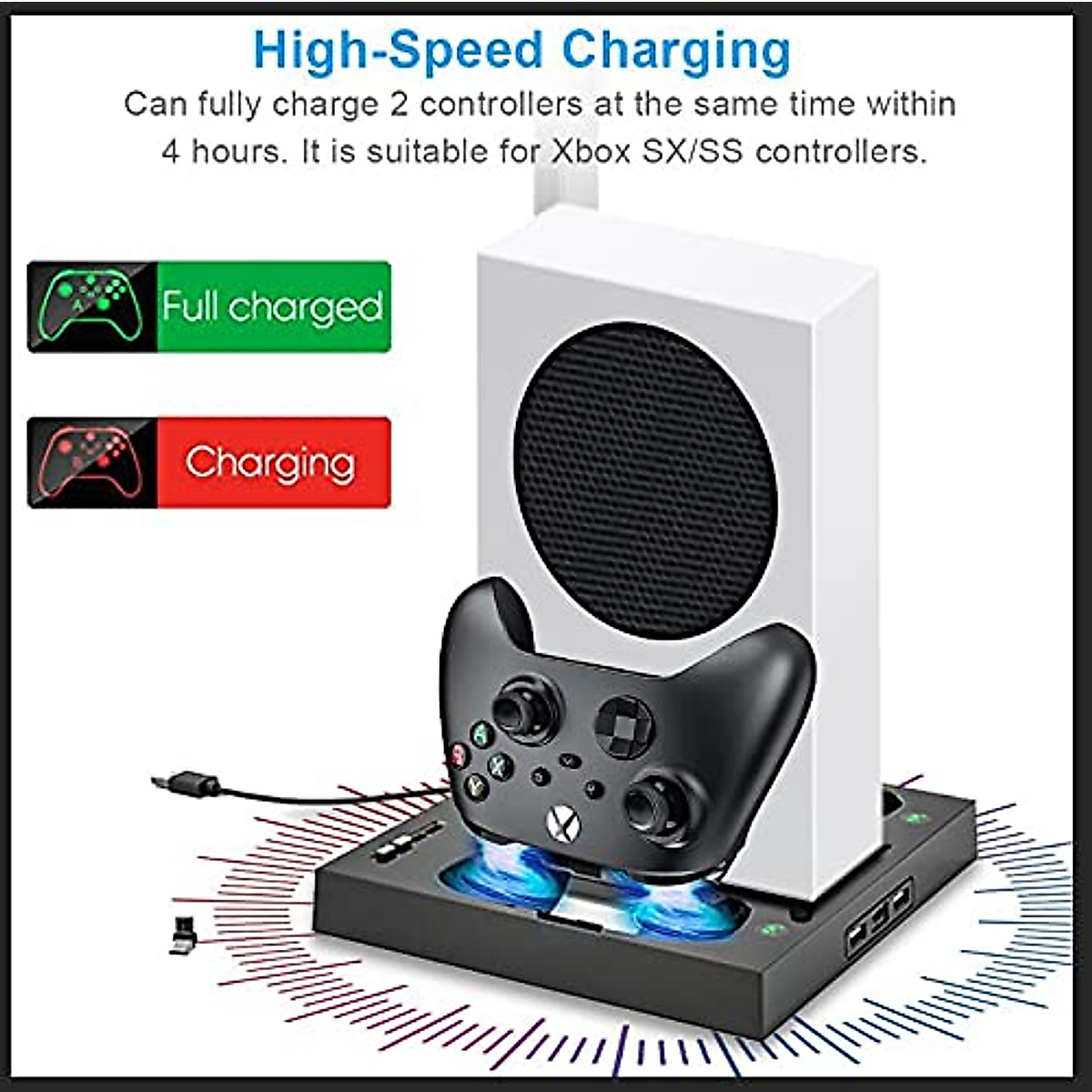 Joso Cooling Fan Vertical Stand for Xbox Series S, with Dual Controller Charging Station, Headset Stand, 1400mAh Rechargeable Battery Pack - Black