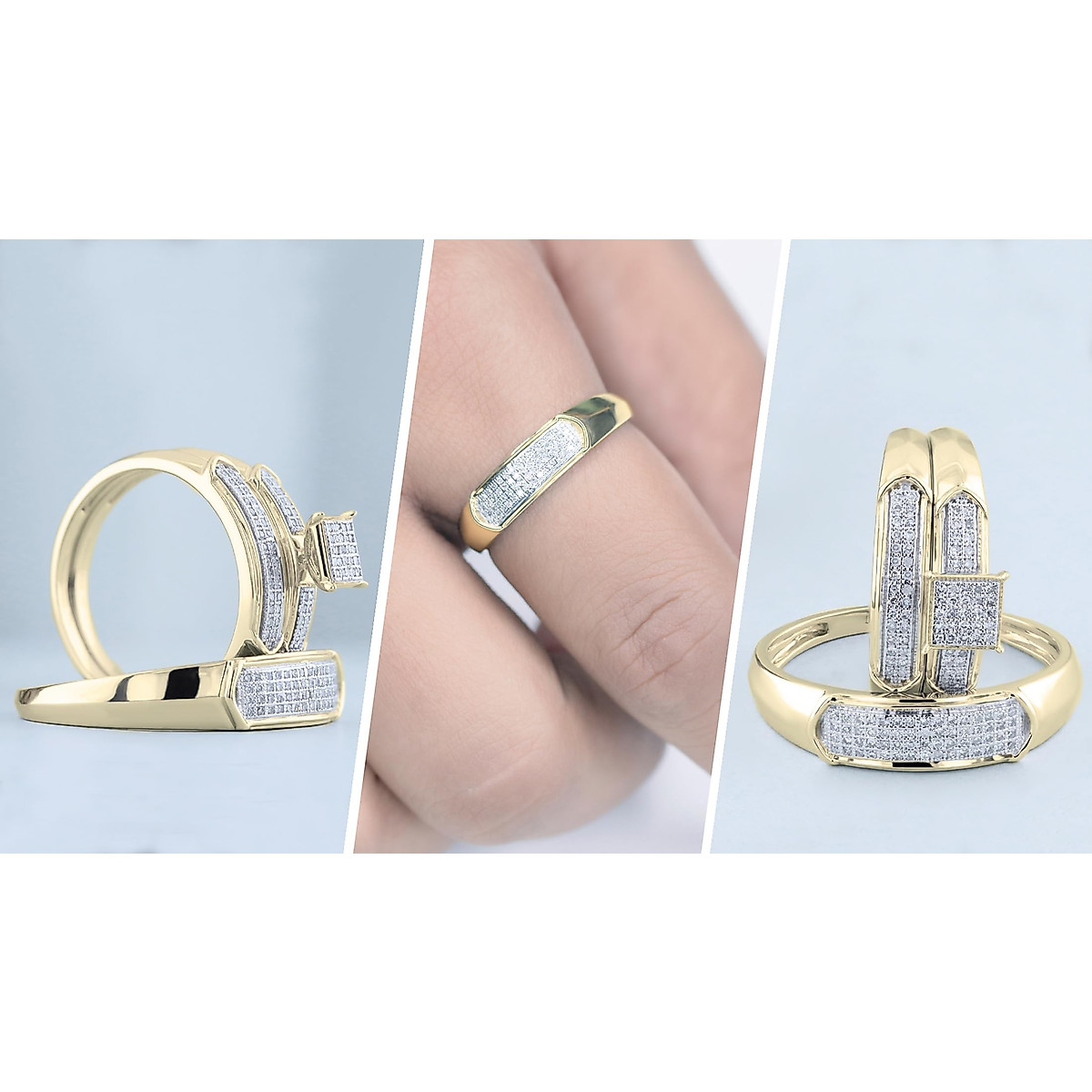 Dazzlingrock Collection 0.30 Carat Round White Diamond Square Micro Pave Wedding Trio Ring Set in 18K Yellow Gold Plated Sterling Silver, Women size 7 and Men size 10