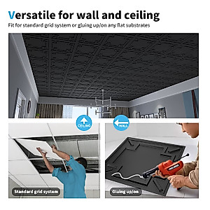 Art3d Decorative Drop Ceiling Tile 2‘x2‘, Glue-up 3D Textured Ceiling Panel, Plastic Sheet in Black(12 Pack)