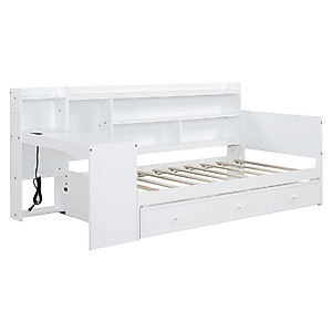 Multi-Functional Twin Size Daybed with Storage Shelves and Study Desk, Wooden DayBed Sofa Bed Frame with 3 Drawers and USB Ports for Office Living Room Bedroom, Maximize Space (White-V5, Twin)