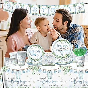 Greenery Baby Shower Tableware Set,Watercolor Blue Boy Baby Shower A Sweet Boy Is On His Way Plates and Napkins Sets Include Plates Napkins Cups Tablecloth for Boy Baby Shower Gender Reveal Supplies