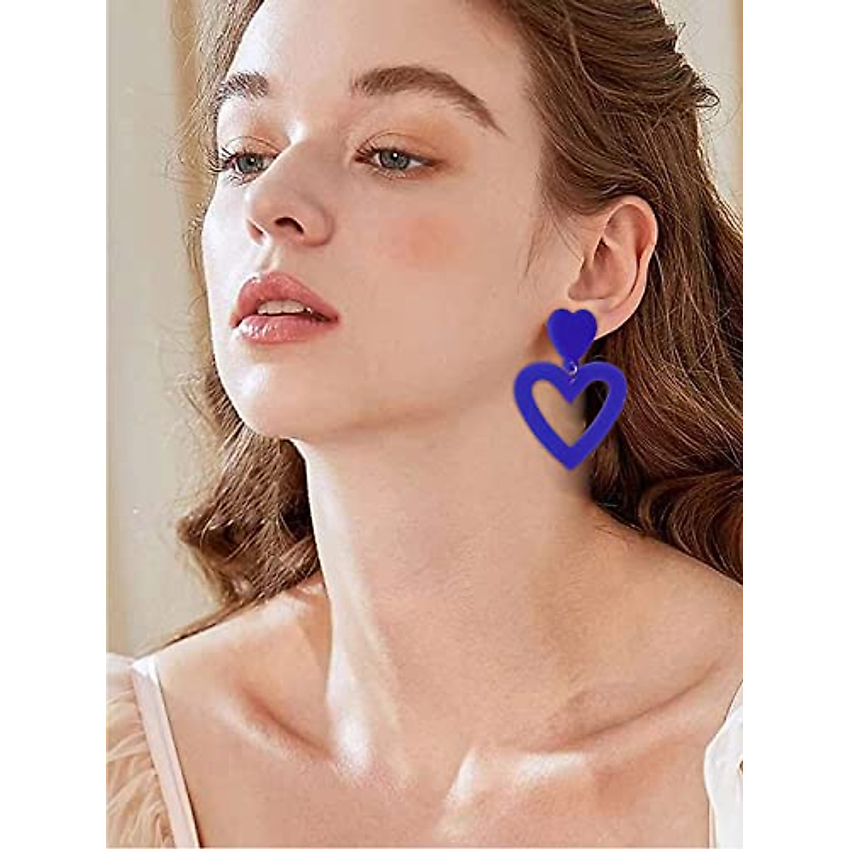 Clip on Earrings Non Piercing Hot Pink Earrings for Women Double Heart Dangle Drop Earring Neon Big Love Heart Dangle Earrings for Girls Hypoallergenic 4th of July Gift Red Green Blue Black Earrings