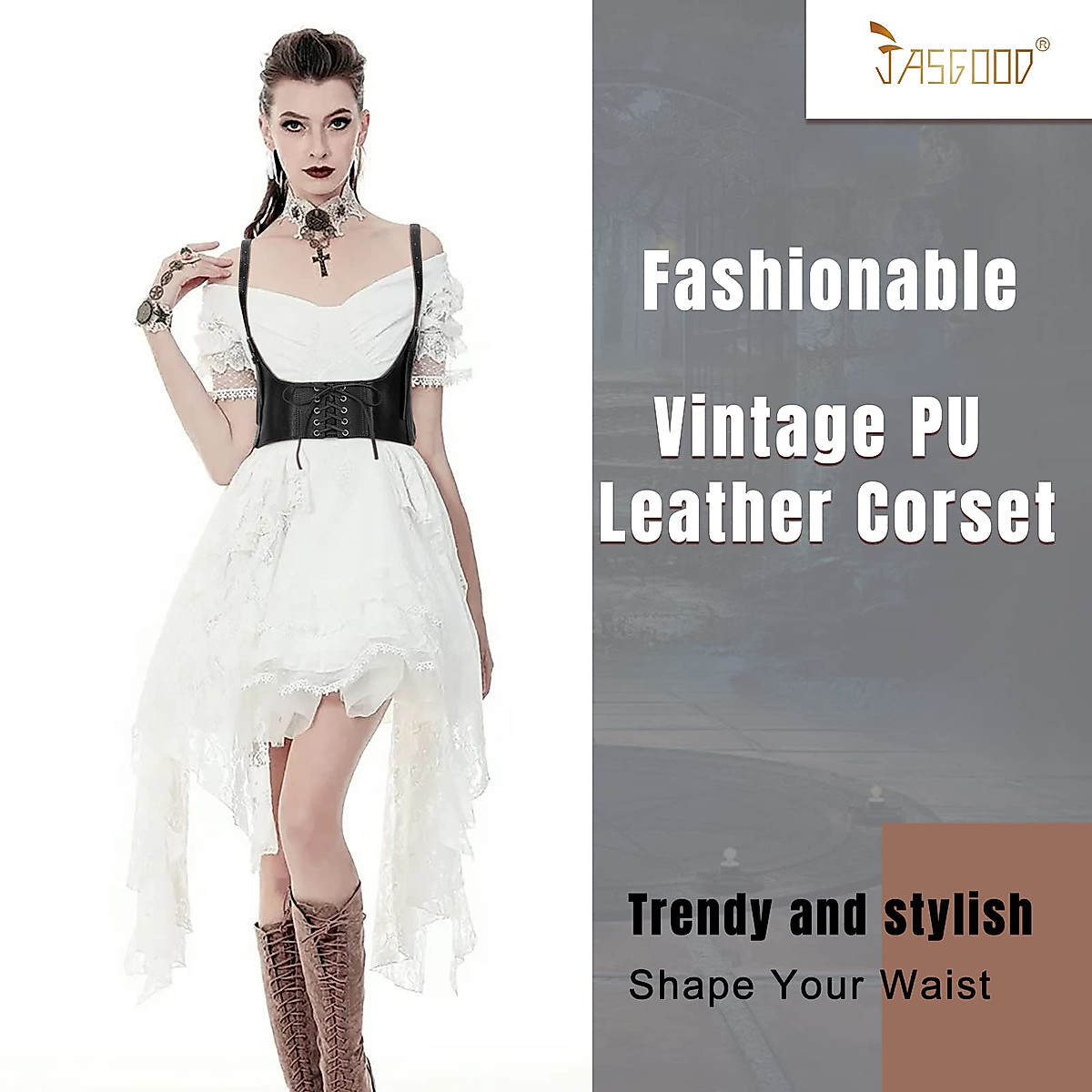 JASGOOD Women Faux Leather Corset Waist Belt Elastic Wide Underbust Corset Lace-up Steampunk Waspie Belt For Halloween