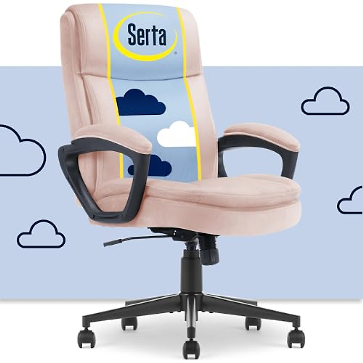 Serta® Comfort Ergo Executive Office Chair, Ergonomic Mid-Back with Extra Lumber Support, Padded Armrests, Adjustable Height and Tilt-Lock Side Lever, Swivel Base, Pink Velvet Fabric