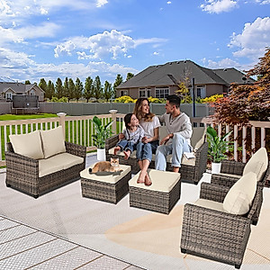 Furnivilla 6 Piece Patio Furniture Set Outdoor Patio Furniture Wicker Patio Set All Weather Wicker Rattan Patio Set Outdoor Sectional for Porch,Garden,Backyard (Brown-Grey)