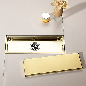 DEOKXZ Linear Shower Drain Pipe 12 Inches Brushed Gold, with Tile Insert Grille, Detachable Hidden Cover, SUS304 Stainless Steel Rectangular Floor Drain