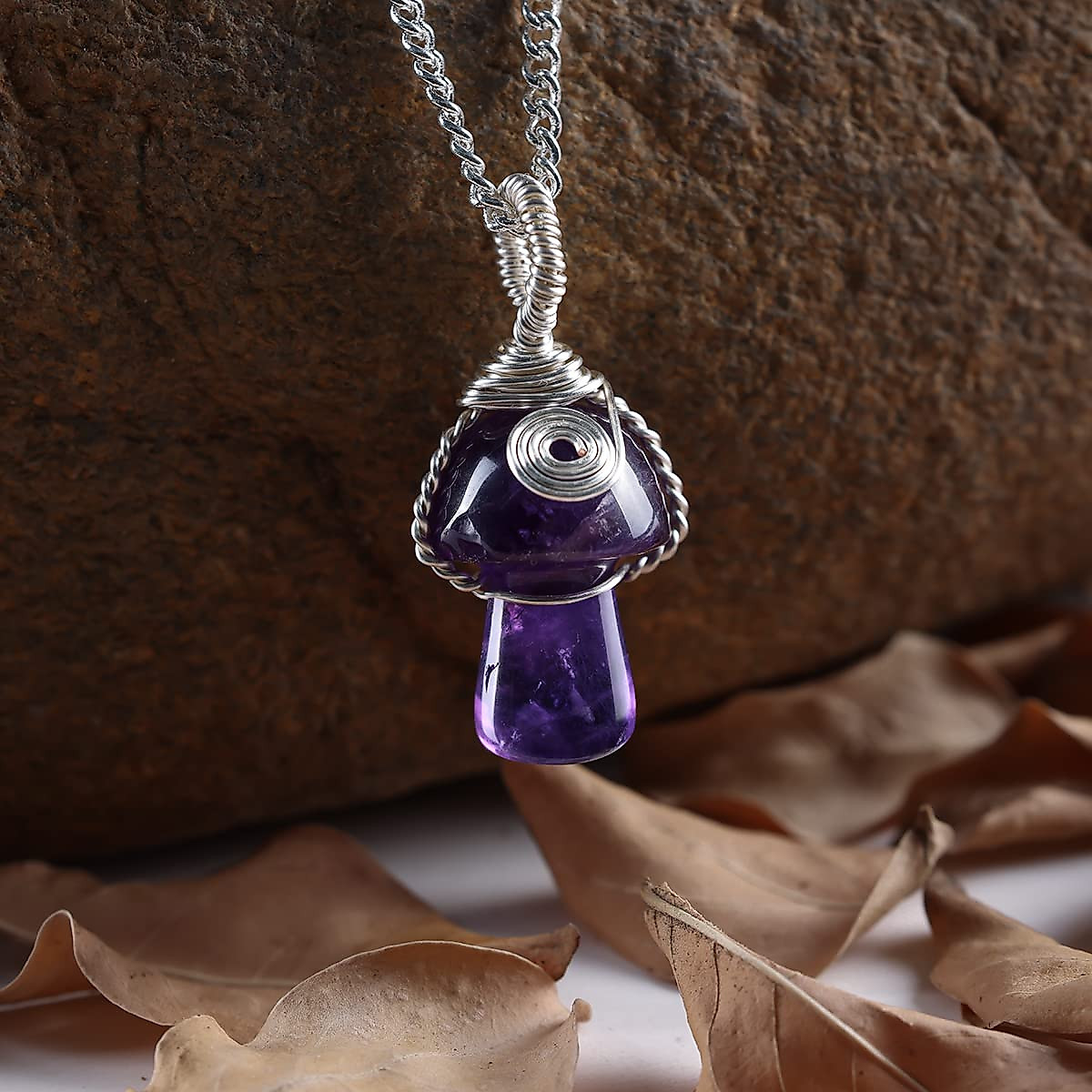 Tsnamer Mushroom Crystal Necklace Wire Wrapped Crystal Mushroom Pendant Necklace for Women Jewelry Gifts (Amethyst Silver)
