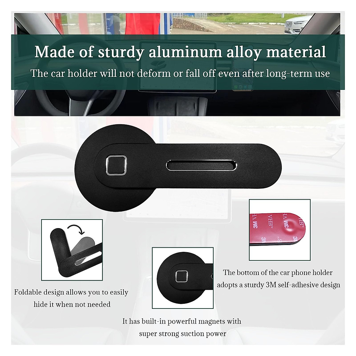 Dickno Car Phone Mount, 90 Degree Rotatable Magnetic Cell Phone Holder with Strong Magnet, Foldable Invisible Smart Phone Mount, Universal Vehicle Interior Accessories for All Phones (Black)