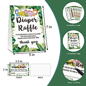 Diaper Raffle Baby Shower Game Set(1 Standing Sign + 50 Guessing Cards), Dinosaur Theme Diaper Raffle Tickets for Baby Shower, Safari Jungle Baby Shower Party Favor Decor - A18