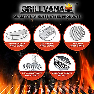 GRILLVANA 22 Inch 201 Stainless Steel Hinged Grilling/Cooking Replacement 22” grill grate - Compatible with Weber 22" Charcoal Grills - Kettle Charcoal BBQ Grilling Accessories