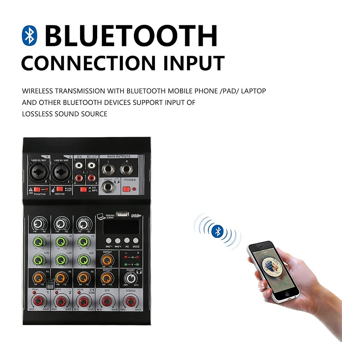 Aibedo Audio Mixer 4 Channel Mini Audio Mixer DJ controller Mini Family KTV karaoke mixer USB/BT Effects Interface Mixer F4A