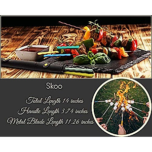 Skoo Barbecue Skewers Set - 7 Silicone Handled Stainless Steel BBQ Skewers + Silicone Storage Bag - 14" Flat Metal Shish Kebab Skewers for Grilling - Reusable Grill Kabob Skewer Sticks + Rollable Bag