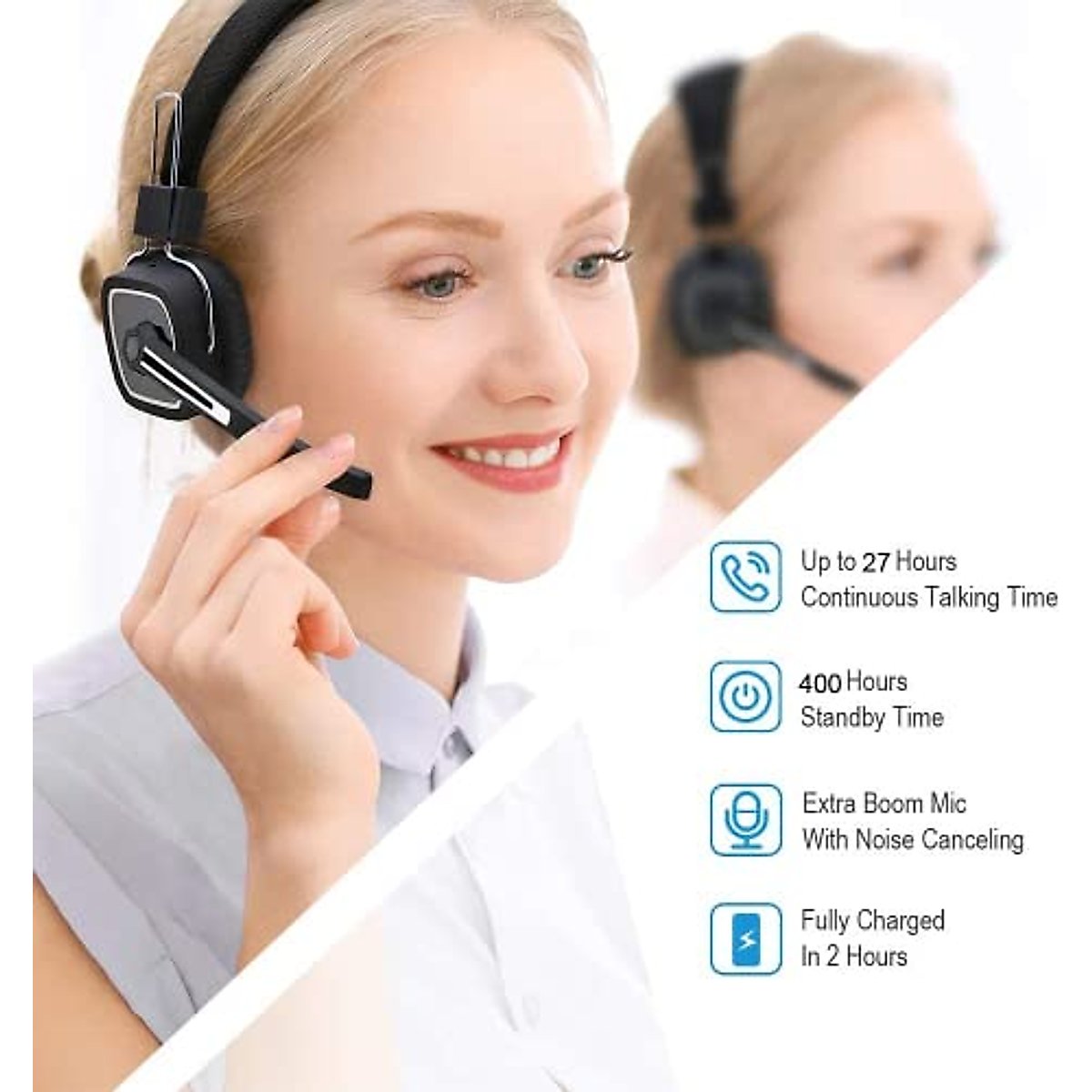 Trucker Bluetooth Headset Wireless with Noise canceling Microphone, On-Ear Wireless Headphones with Mic for iOS & Android Mobile Phone, Skype, Truck Driver,Call Center,Voip