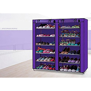KepooMan Double Rows 12 Lattices Shoe Rack with Dustproof Cover Shoe Storage Organizer Cabinet Shoe Shelf Tower,Non-Woven Fabric Cover (Purple)