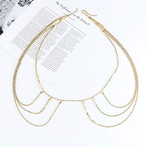 Dresbe Boho Layered Shoulder Chain Gold Rhinestone Body Chains Party Body Jewelry Accessories for Women and Girls