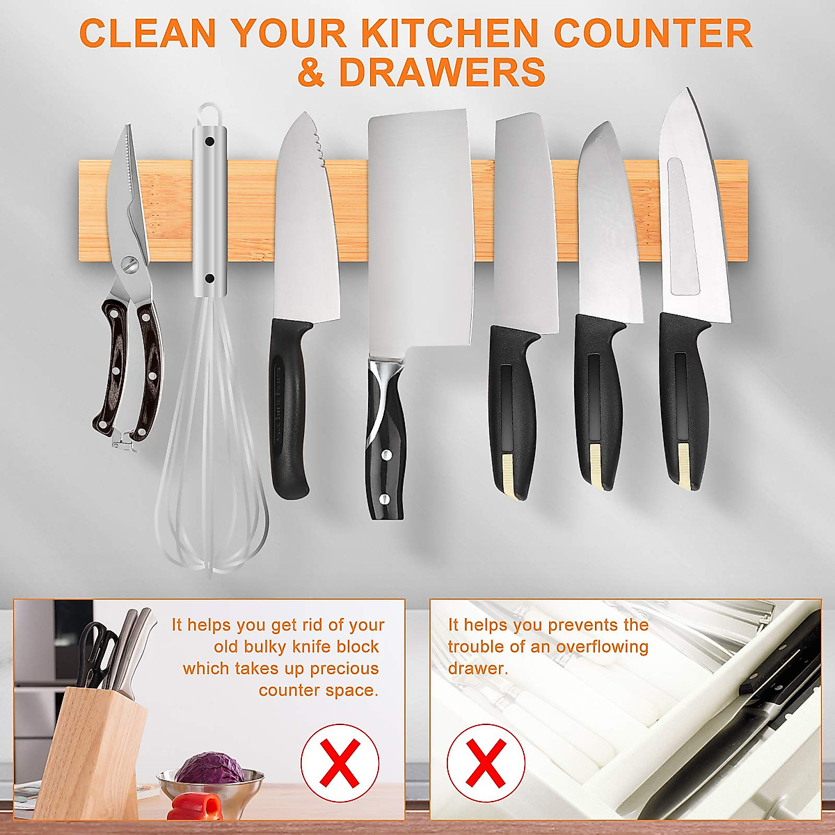 Ninonly 16 Inch Magnetic Knife Strip, Bamboo Wood Powerful Magnetic Knife Holder for Wall, Wall Mounted Bamboo Kitchen Knife Bar Rack for Home Kitchen Utensil & Tool Holder