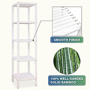 SMIBUY Bathroom Storage Shelf, 5-Tier Bamboo Rack Organizer, Multifunctional Shelving Unit for Living Room Bedroom Kitchen (White)