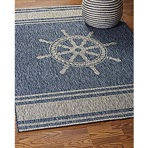LR Home Captiva Nautical Helm Indoor/Outdoor Area Rug, 5' x 7', Navy/Gray