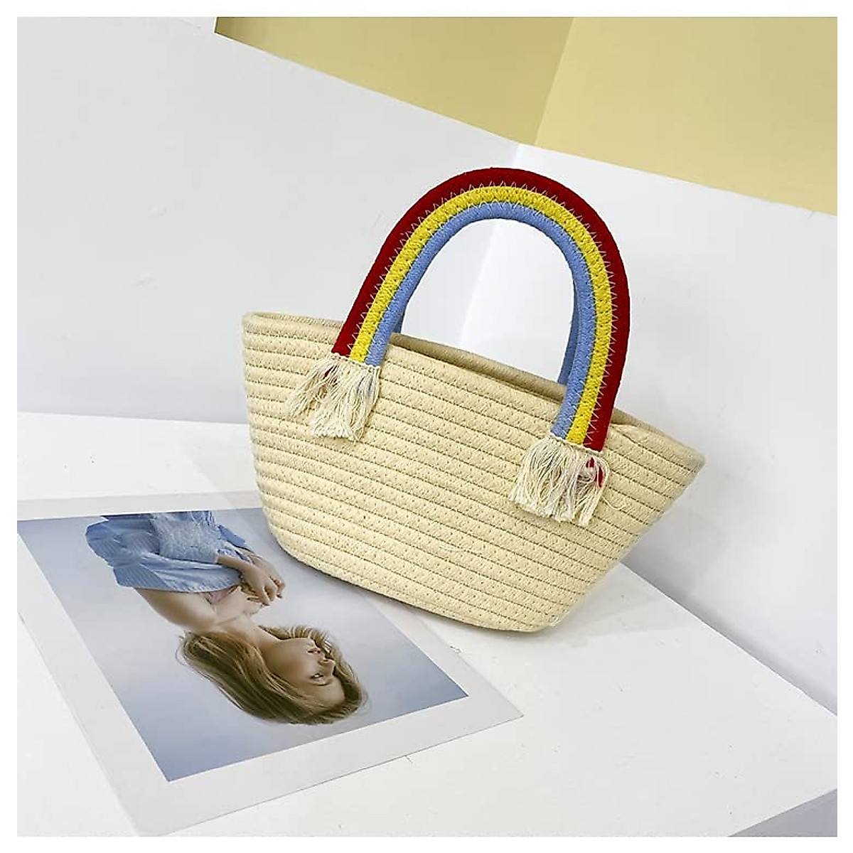 Motleader Woven tote bags Beach bags Rainbow cotton yarn woven picnic basket