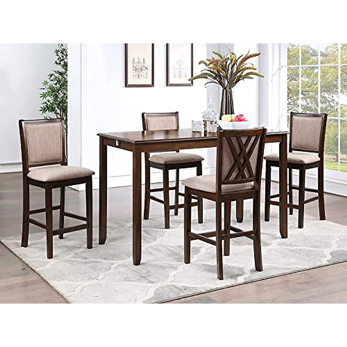New Classic Furniture Amy Kitchen Counter Island Dining Table for 4 with Storage Shelf & USB Chargers, Traditional Brown Cherry