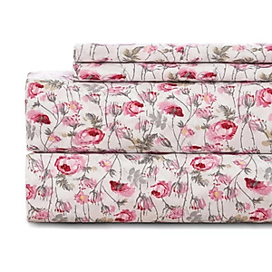 Twin Sheet Set 3PC Printed Pink Flower Pattern Cooling 1800 Microfiber with Deep Pocket, Soft, Breathable, Hypoallergenic, Wrinkle Free, Single Bedding for Kids, College Dorm, Hospital - (Rose Floral)