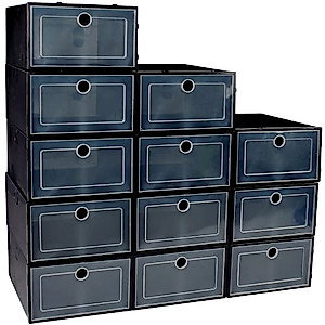 GOMINIMO 12 Pack Clear Durable Black Plastic Shoe Boxes Stackable Storage Bins Rack Organizer Containers with Lids