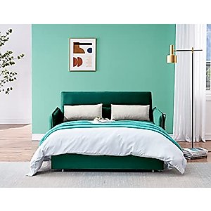 Velvet Upholstered Loveseat Sleeper w/Side Storage Pockets, 54'' 2-Seaters Sofa with Pull-Out Couch Bed with 2 Pillows & Adjustable Backrest for Living Room Apartment Office Compact Space, Green