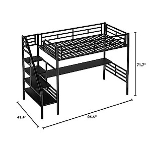 GLORHOME Metal Twin Size Loft Bed with Long Desk & Safety Stairway,Space-Saving Kids Loftbed Frame for Kids Teens Children, No Box Spring Needed, Black