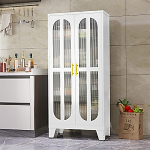 pozdeg Metal Storage Cabinet, Kitchen Pantry Cabinet with 2 Cross Door Panels and 3 Adjustable Shelves, Versatile Storage Pantry for Living Room Office Laundry Dining Room or Outdoor (White)